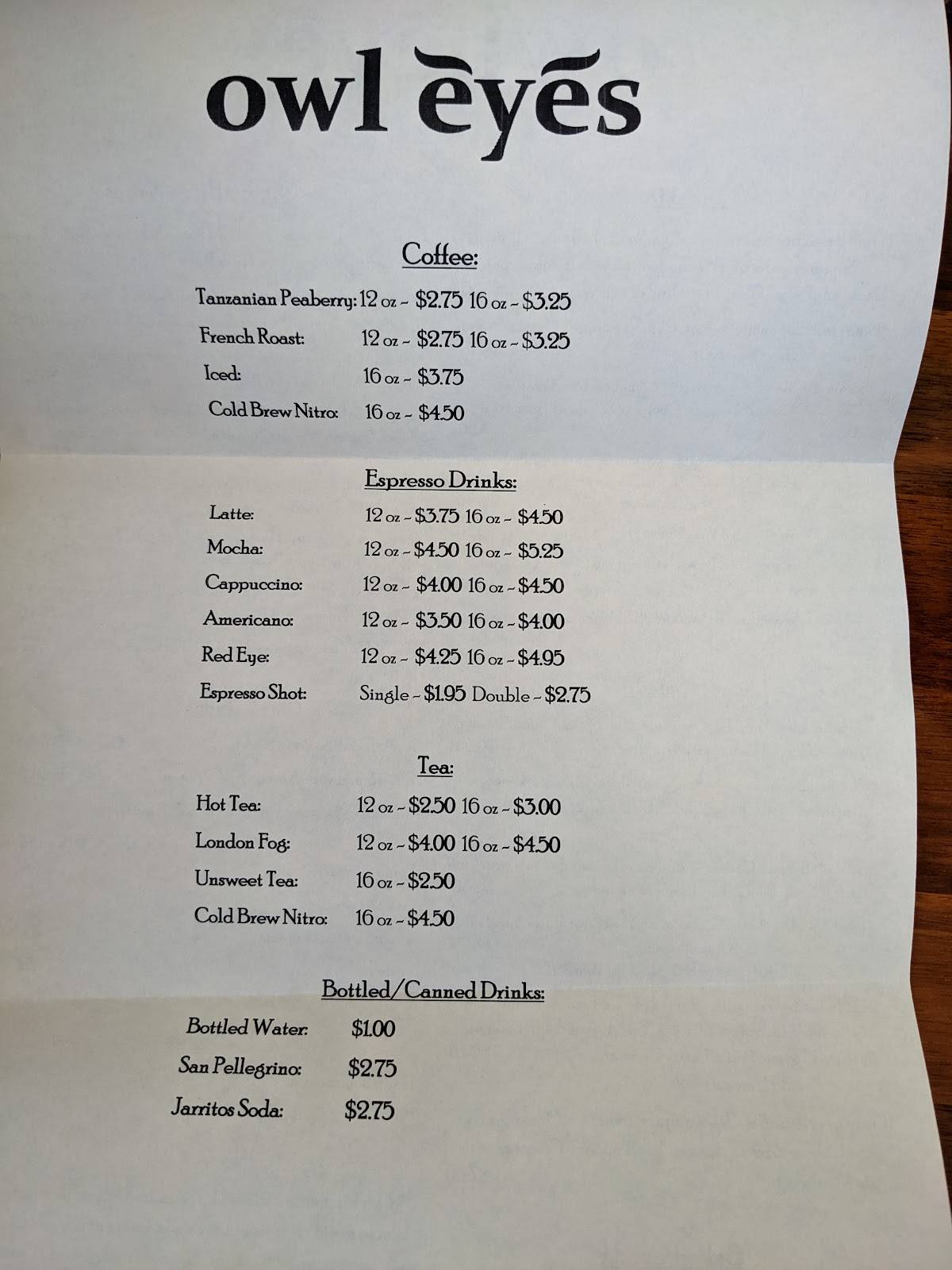 Menu at Owl Eyes Cafe, Buffalo