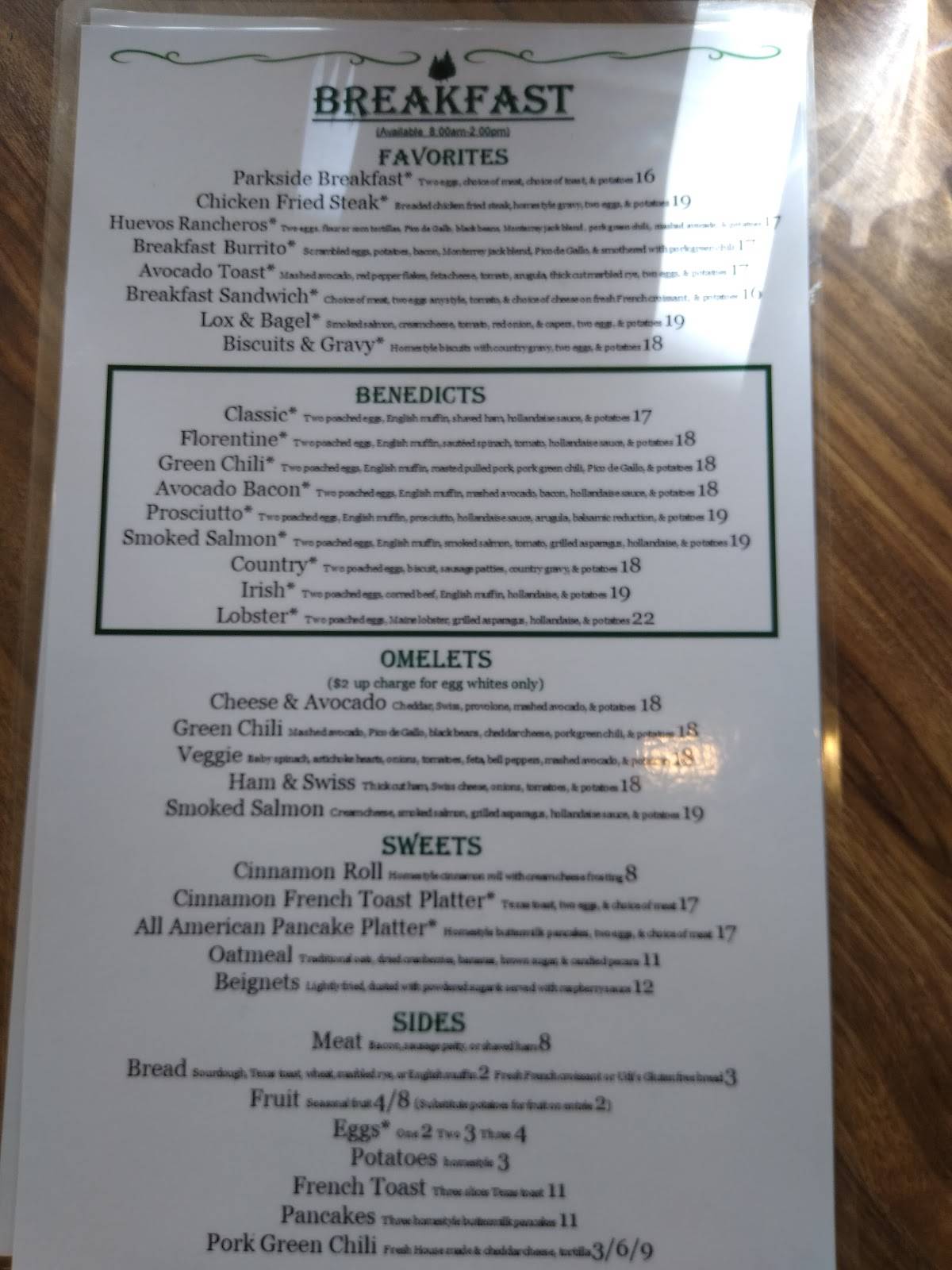 Menu at Parkside Cafe Evergreen, Evergreen