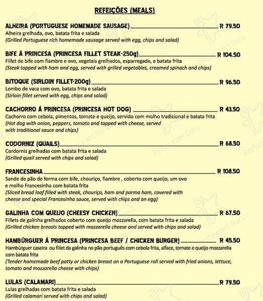 Menu at Pastelaria Princesa Kensington restaurant, Johannesburg