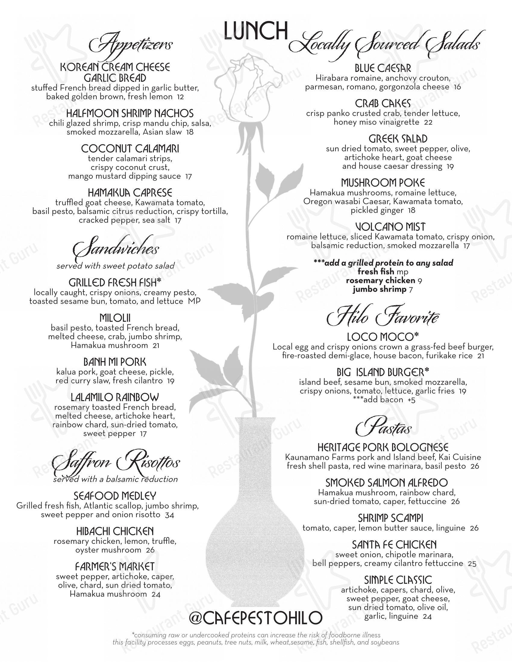 Menu at Cafe Pesto Hilo Bay, Hilo