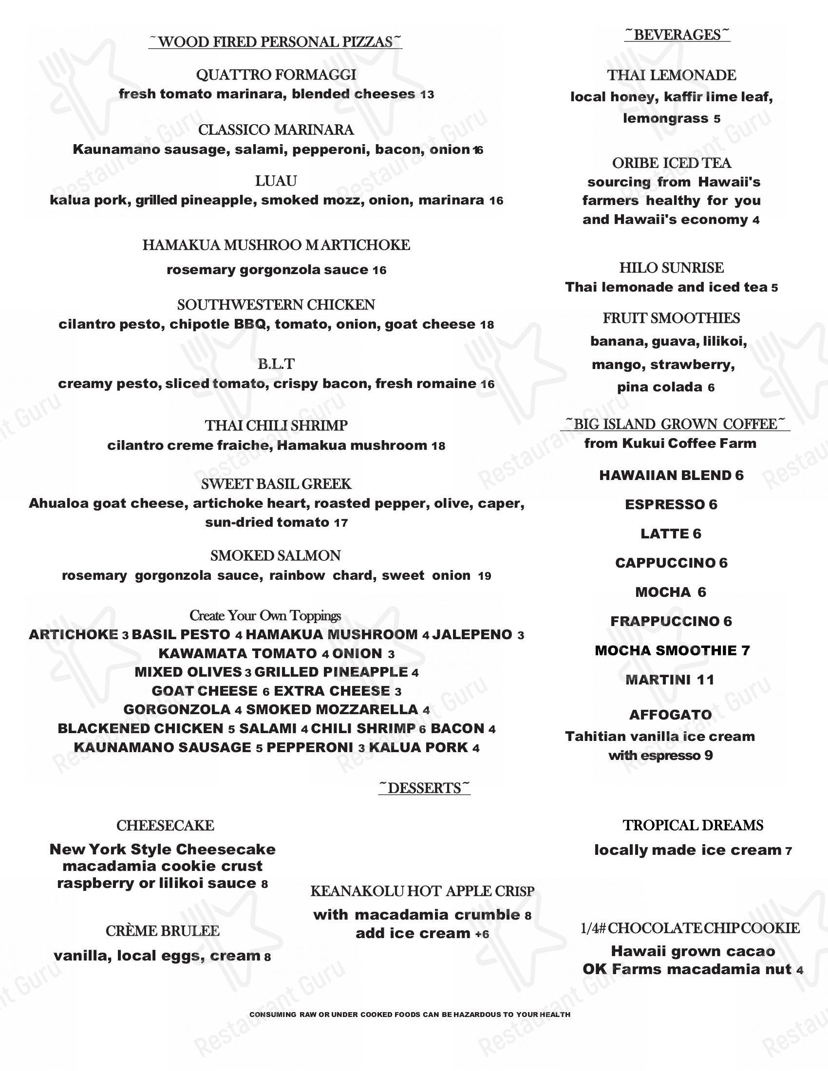 Menu at Cafe Pesto Hilo Bay, Hilo