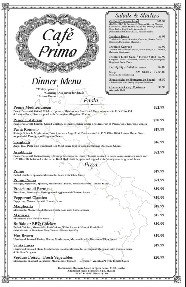 Menu at Cafe Primo, Bardstown