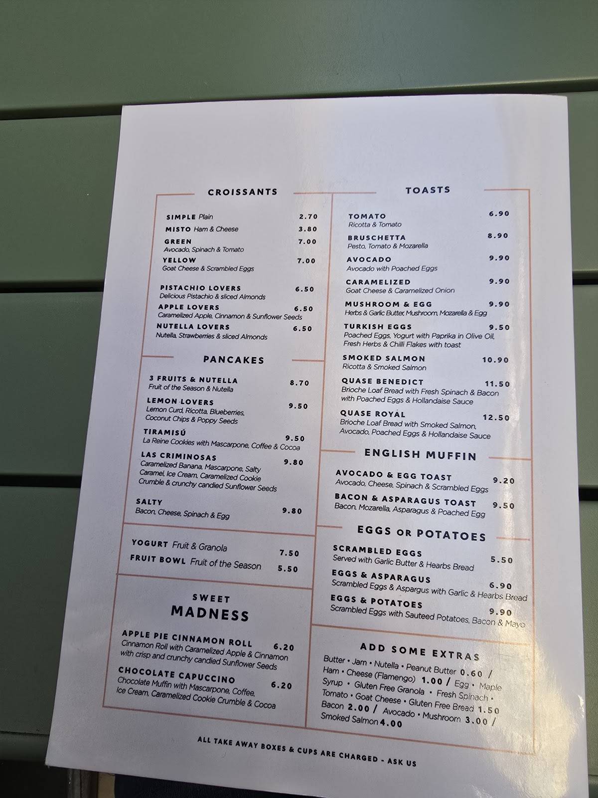 Menu at Quase Café, Lisbon