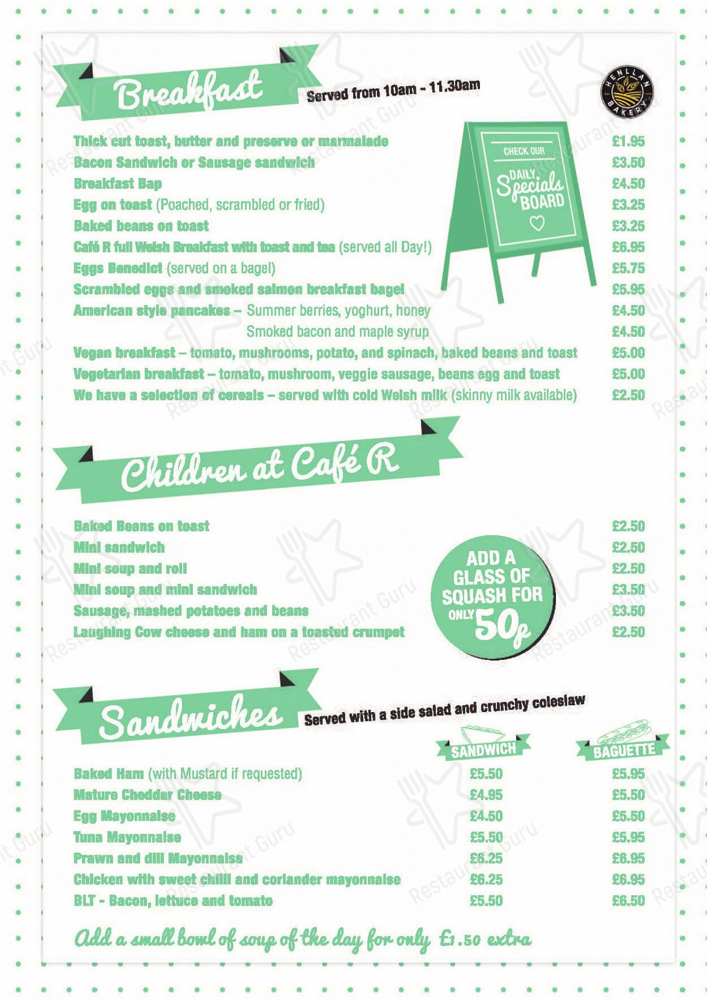 Menu at Cafe R, Ruthin, Craft Centre