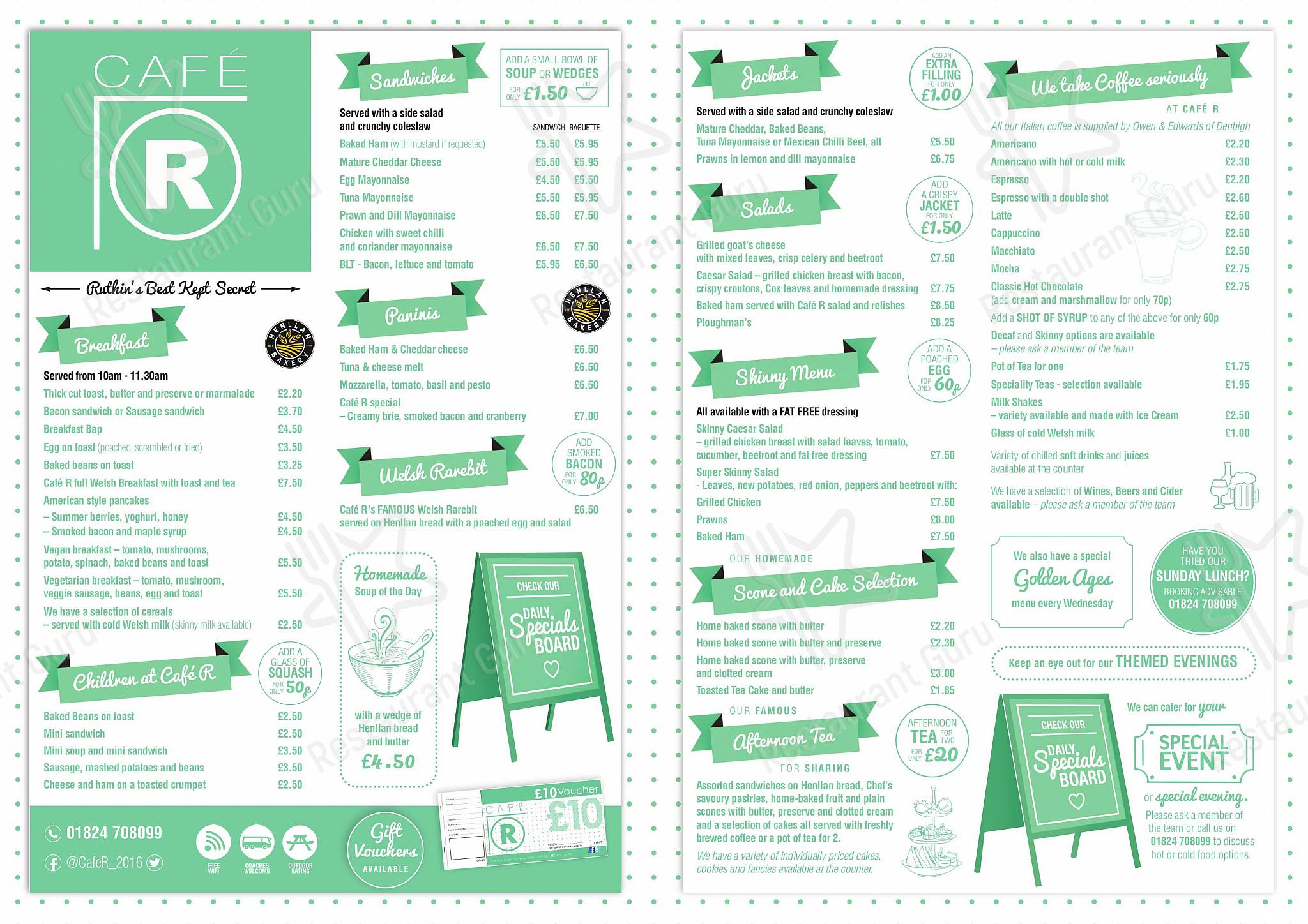 Menu at Cafe R, Ruthin, Craft Centre