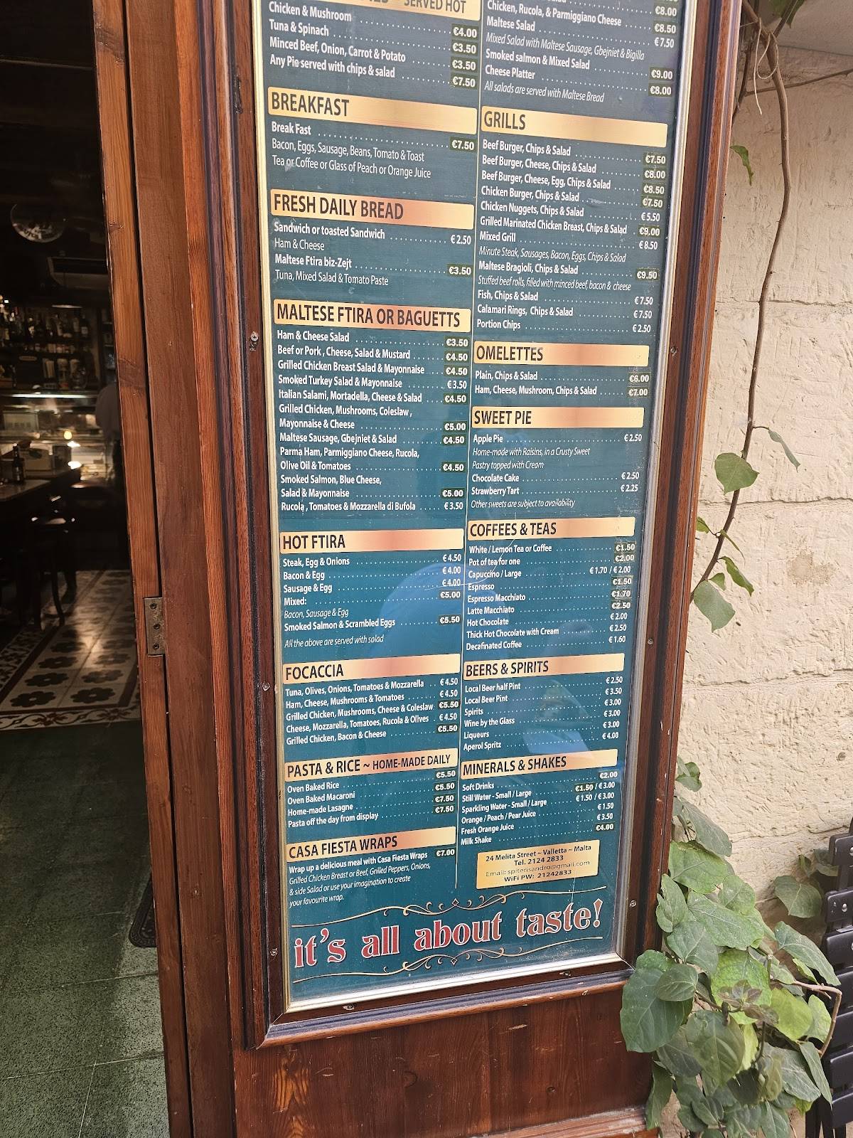 Menu at Cafe Royale, Valletta