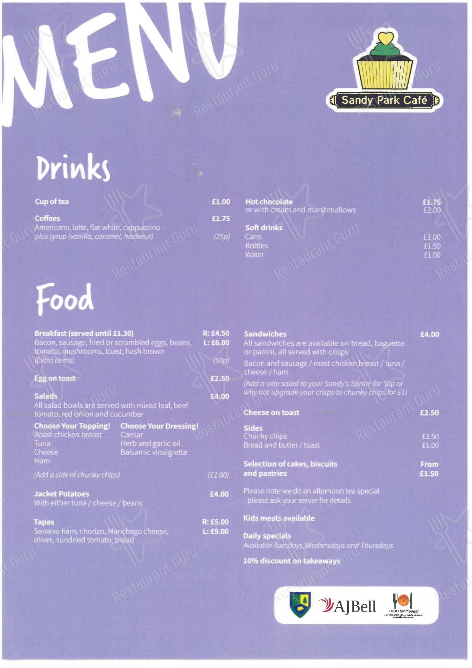 Menu at Sandy park café cafe, Liverpool