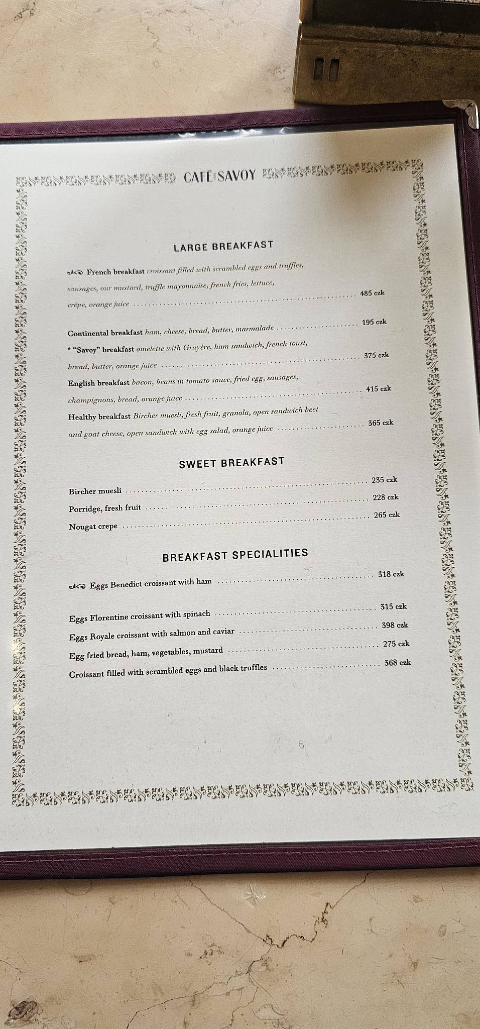 Menu at Café Savoy cafe, Prague, Vítězná 124/5