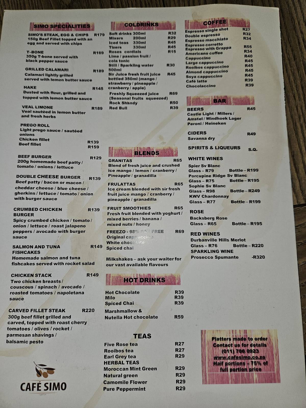 Menu at Cafe Simo, Johannesburg
