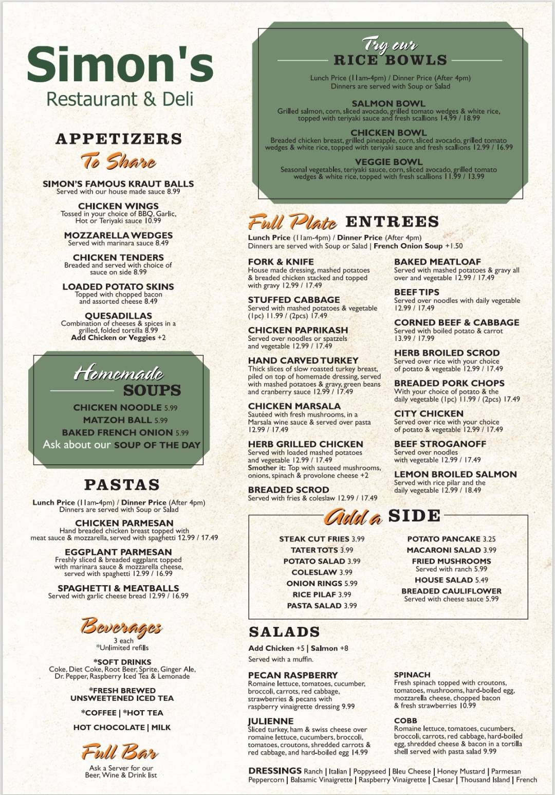 Menu at Simon’s Restaurant & Delicatessen, Brecksville