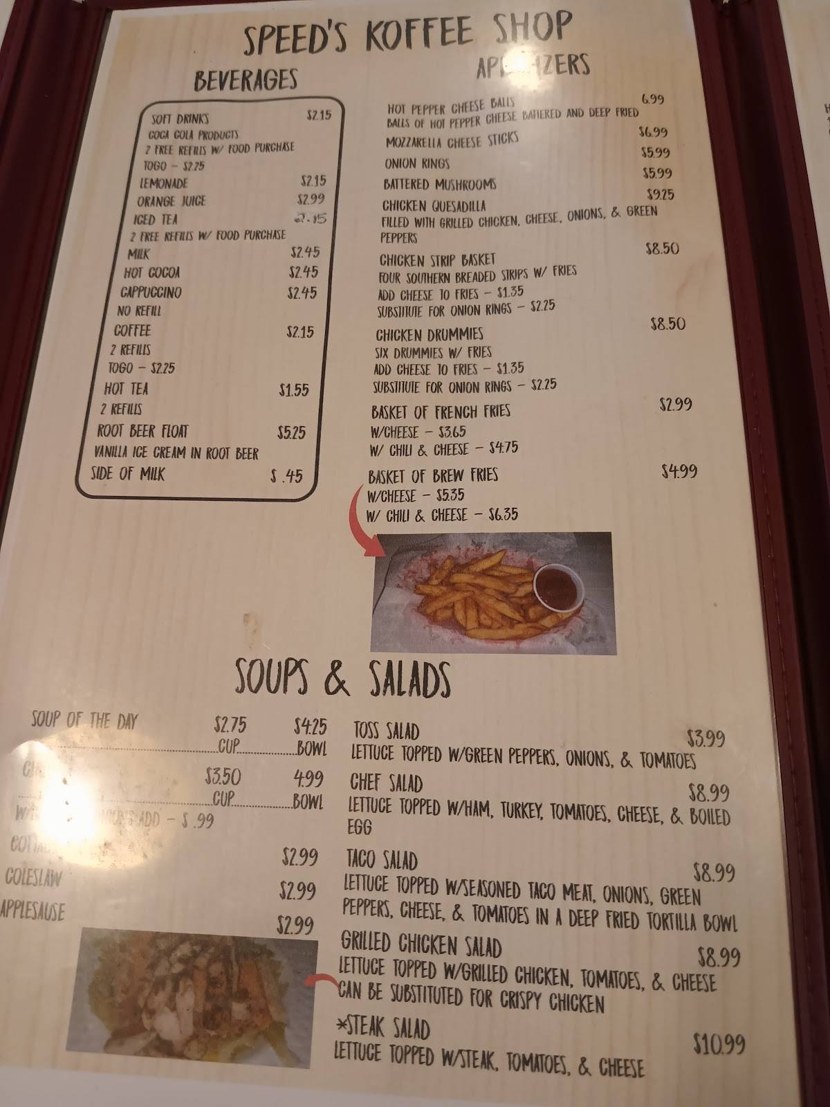 Menu at Speeds Coffee Shop cafe, Battle Creek