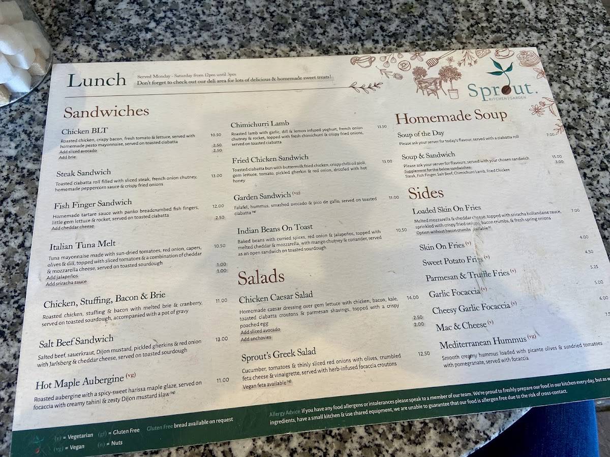 Menu at Sprout Kitchen Garden cafe, Ellesmere Port