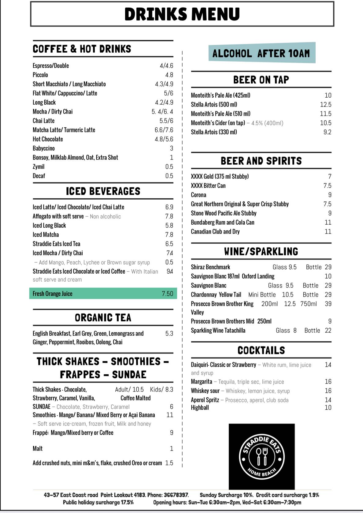 Menu at Straddie Eats cafe, Point Lookout, Unit 44/43-57 E Coast Rd