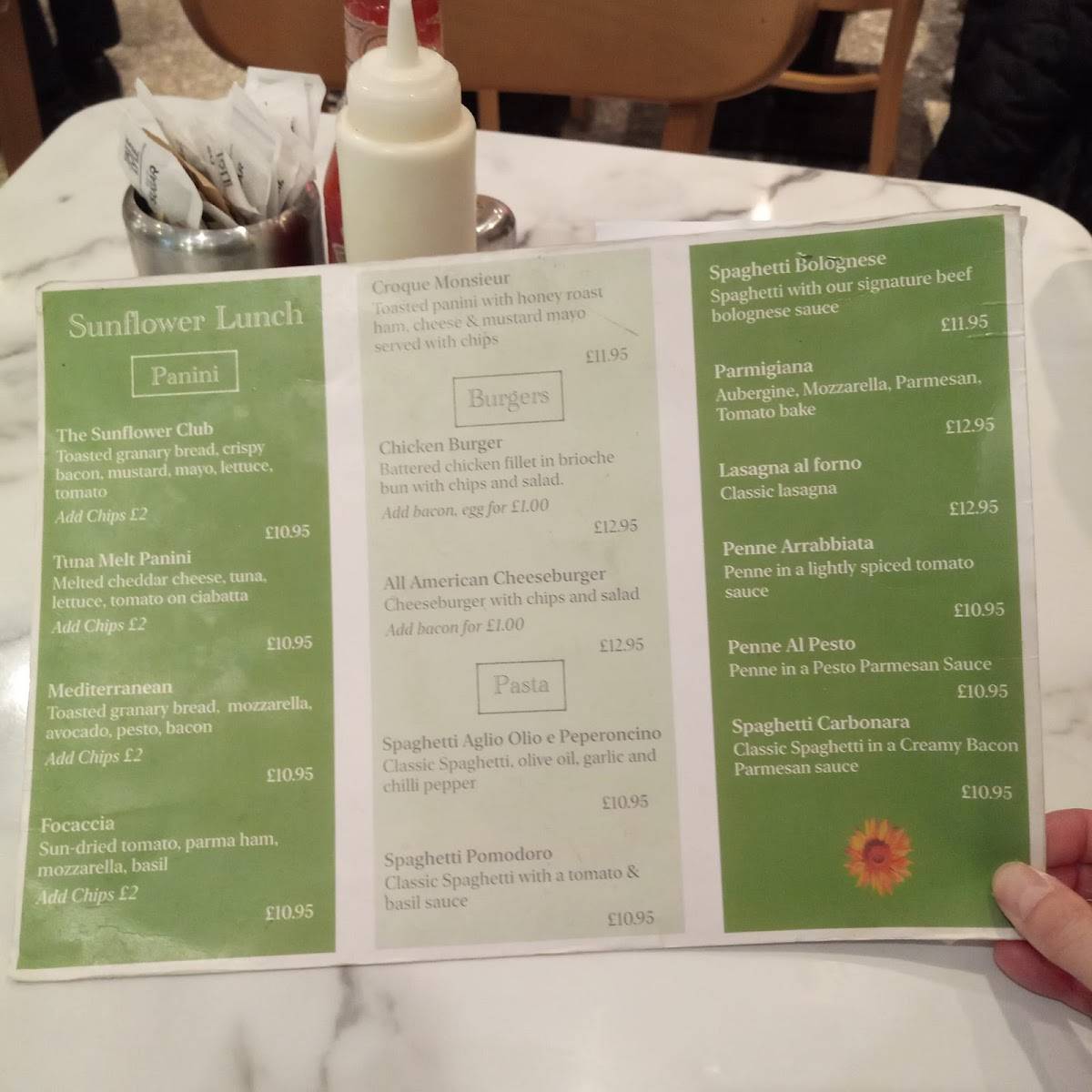 Menu at Sunflower Kitchen cafe, London, 3 Pollen St