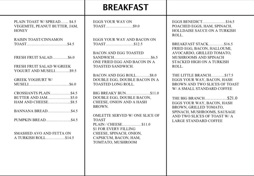 Menu at TREE BRANCH CAFE narellan, Smeaton Grange
