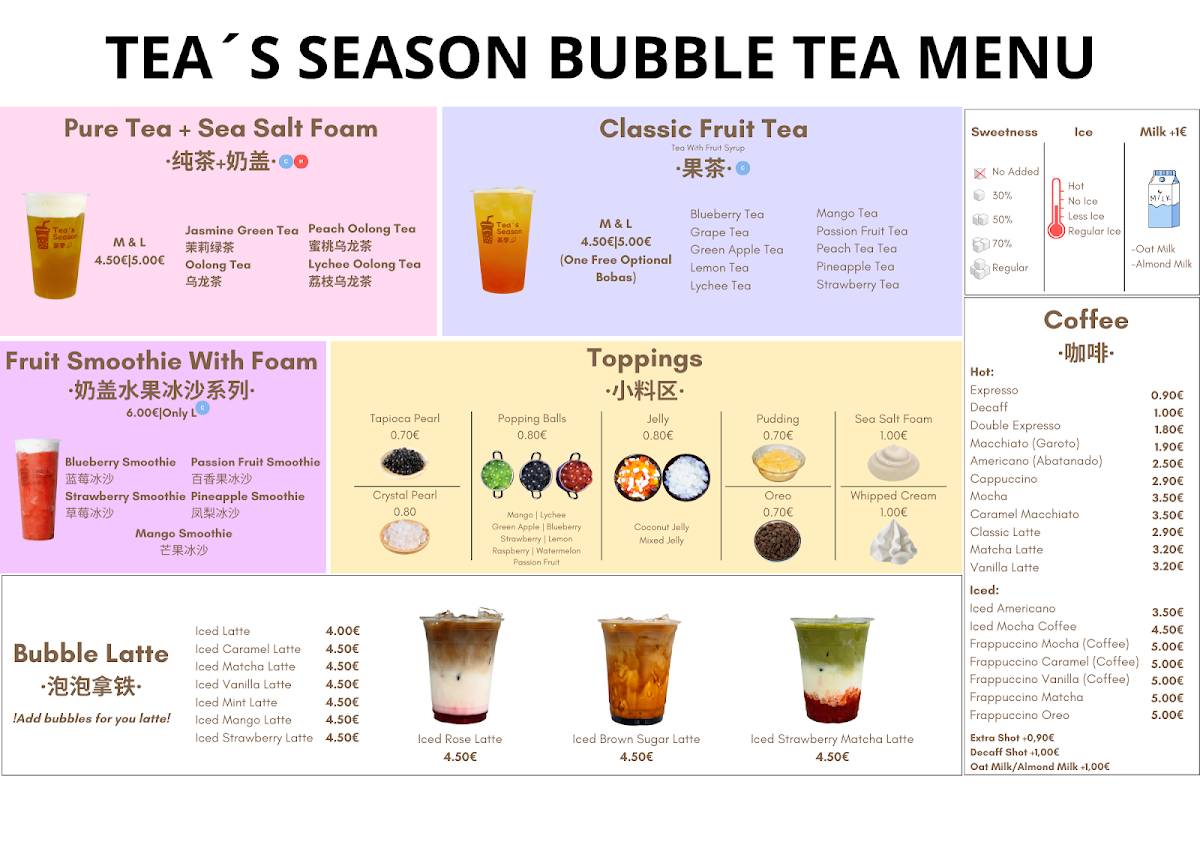 Menu at Tea's Season Bubble Tea cafe, Lisbon