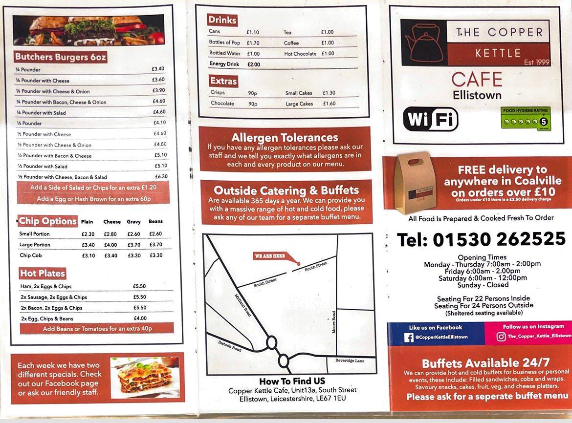 Menu at The Copper Kettle cafe, Coalville