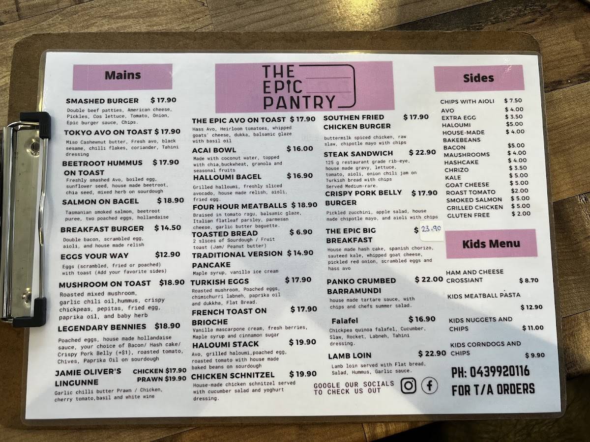 Menu at The Epic Pantry cafe, Yarrabilba