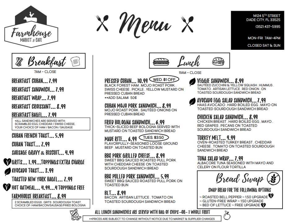 Menu at The Farmhouse Market & Café cafe, Dade City