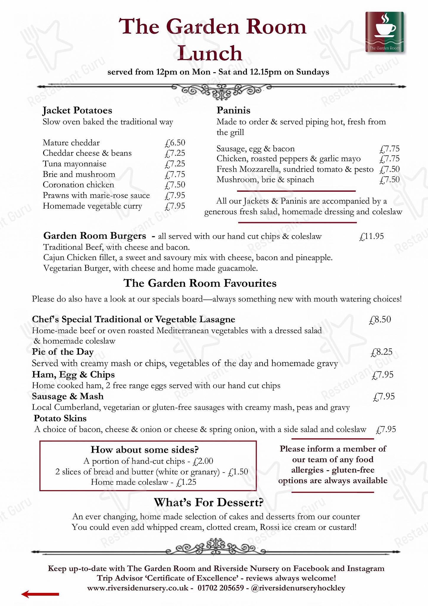 Menu at The Garden Room cafe, Hockley, Lower Road
