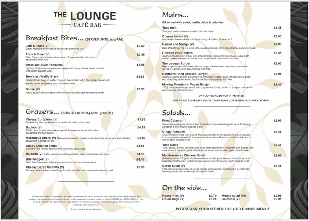 Menu at The Lounge cafe, Hornsea