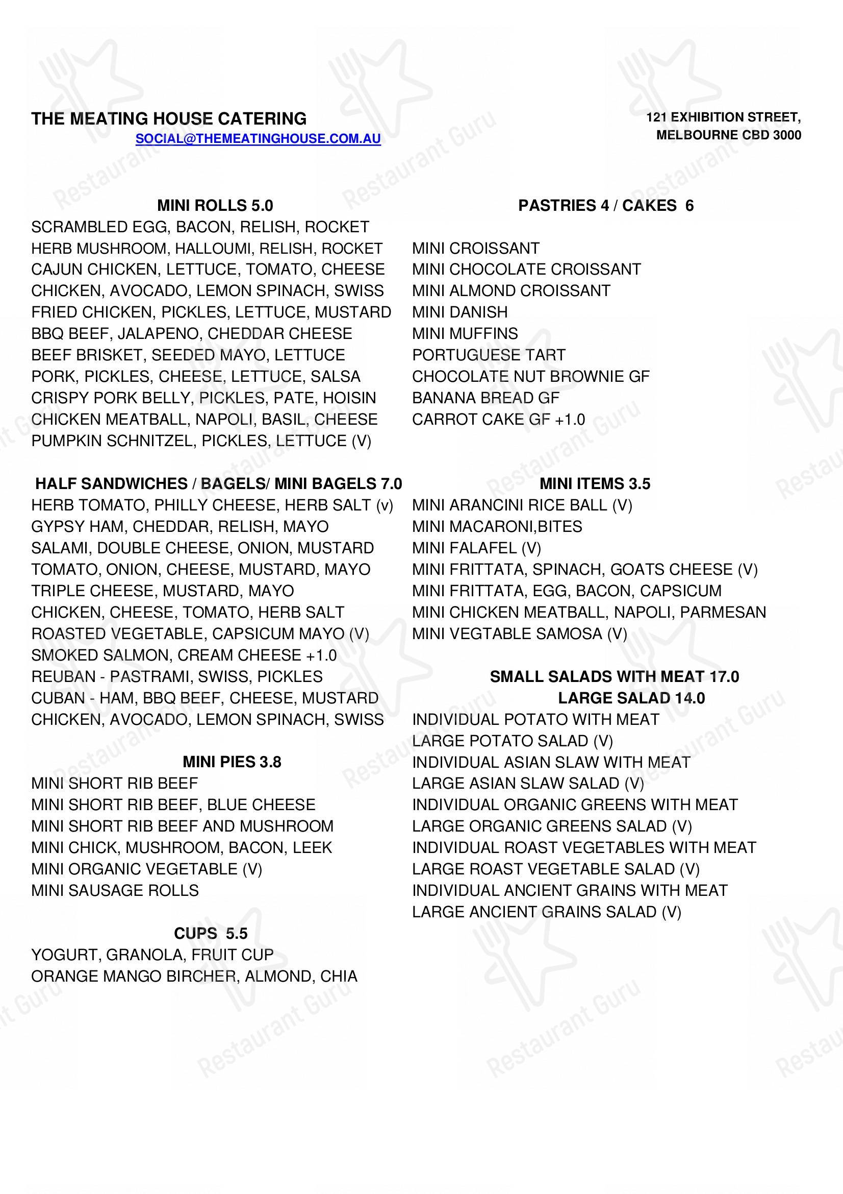 Menu at The Meating House cafe, Melbourne
