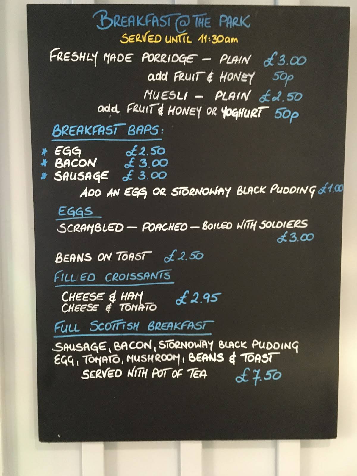 Menu at The Park Café cafe, Aberdeen, Hazlehead Park