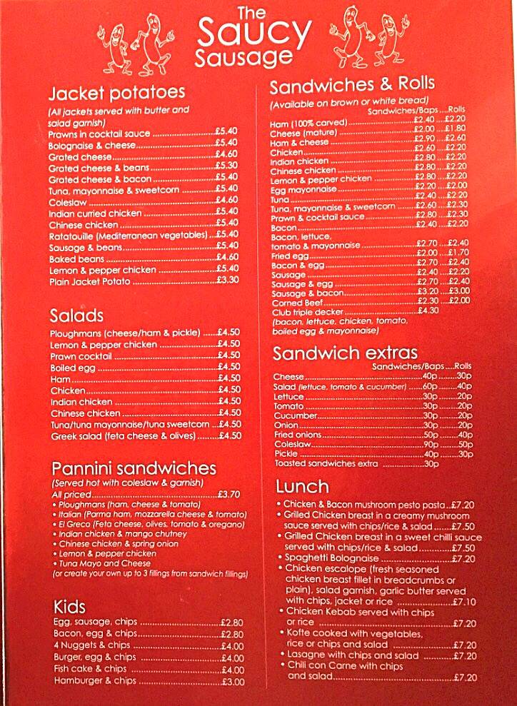 Carta del café The Saucy Sausage, Croydon, 259 Lower Addiscombe Rd