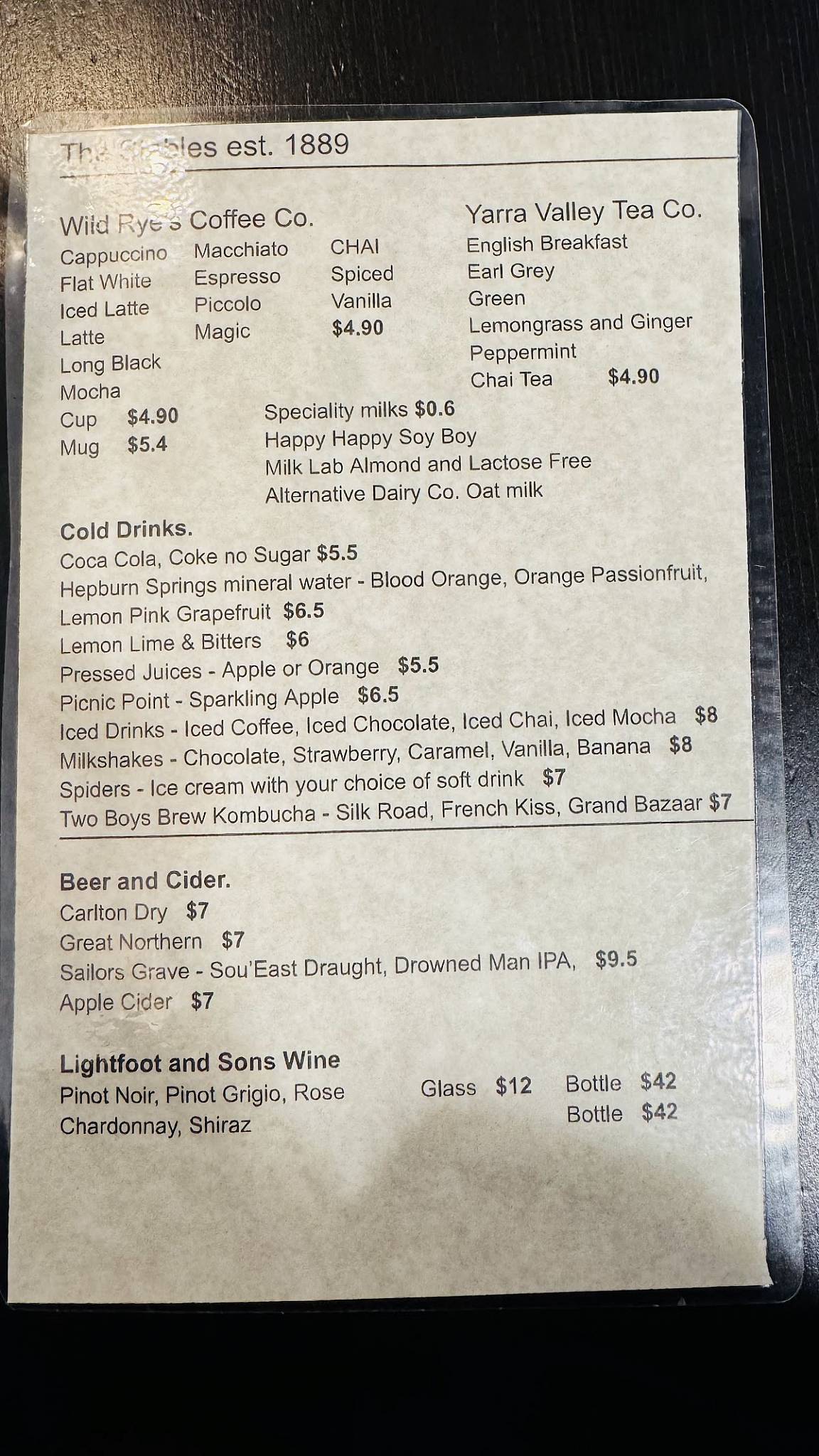 Menu at The Stables Cafe Est 1889, Bairnsdale