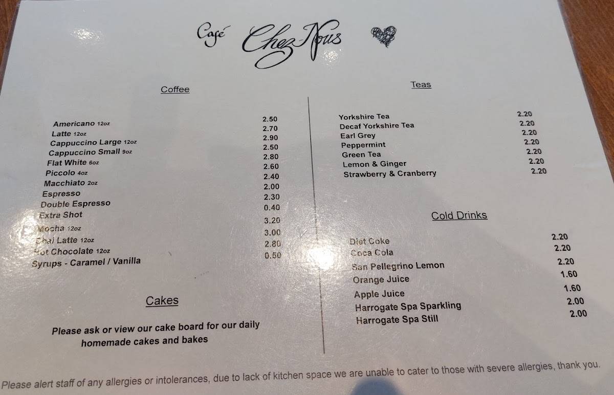 Menu at Cafe Chez Nous, Boroughbridge