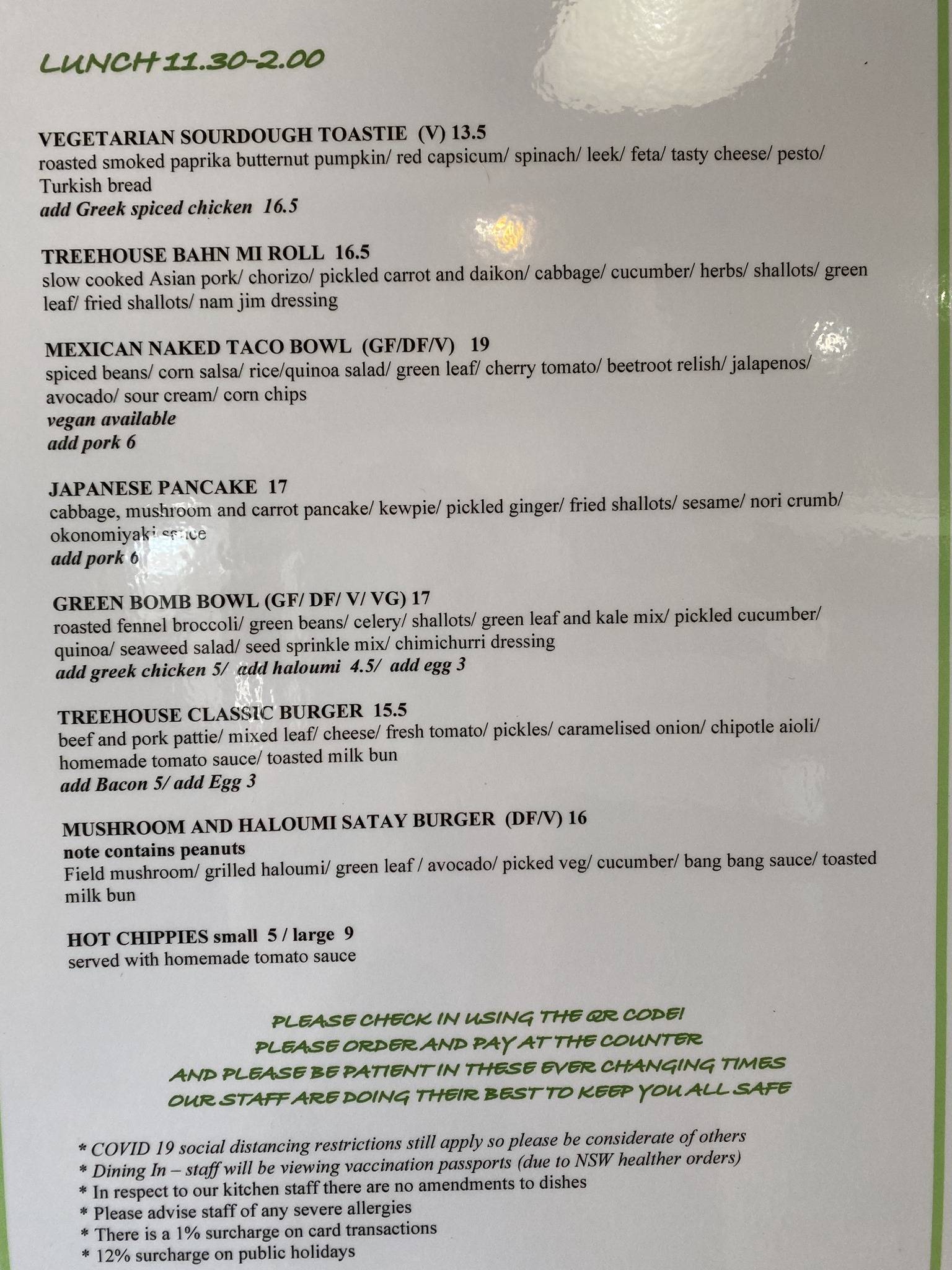 Menu at The Treehouse Cafe, Ulladulla