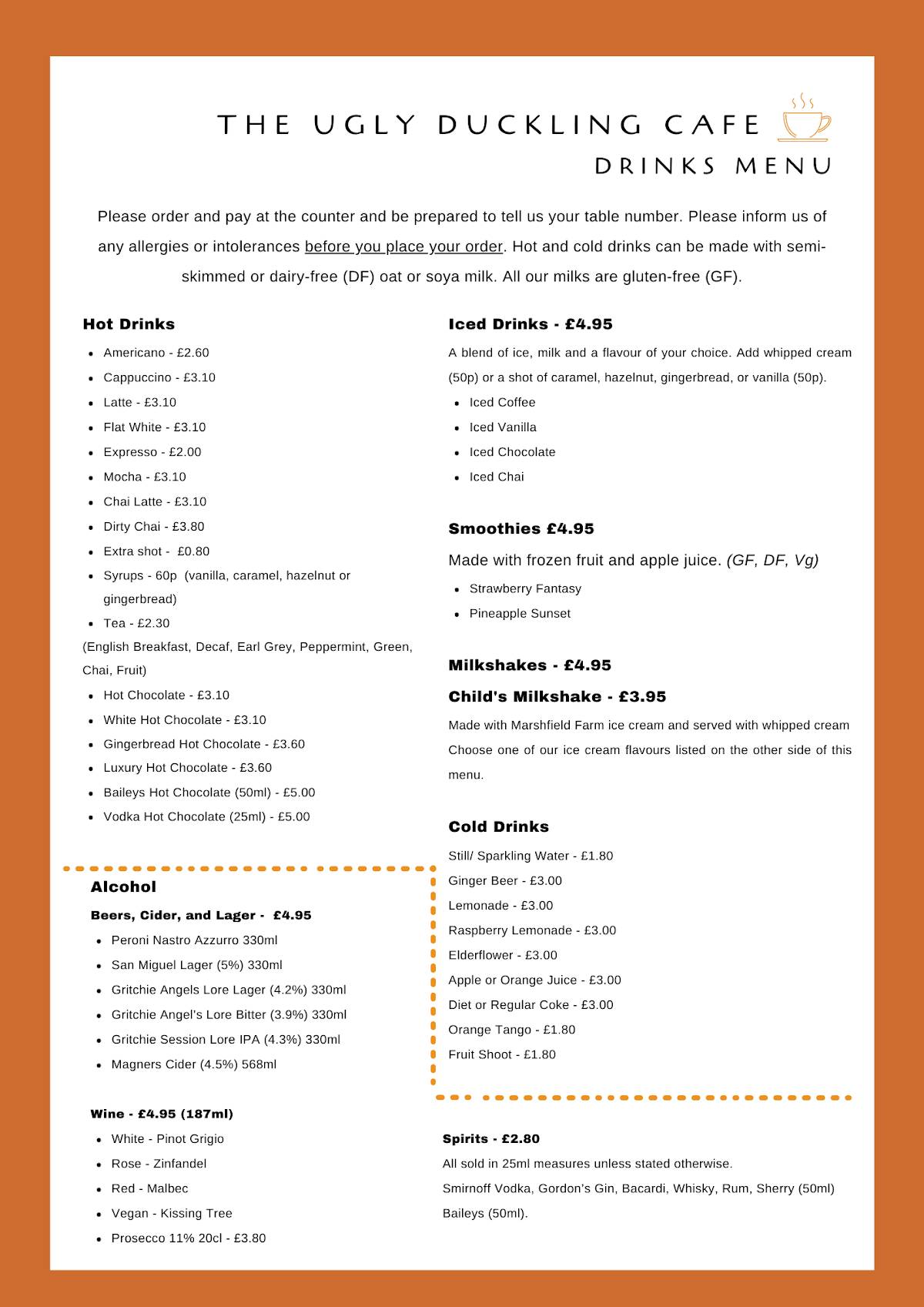 Menu at The Ugly Duckling Cafe, Shaftesbury