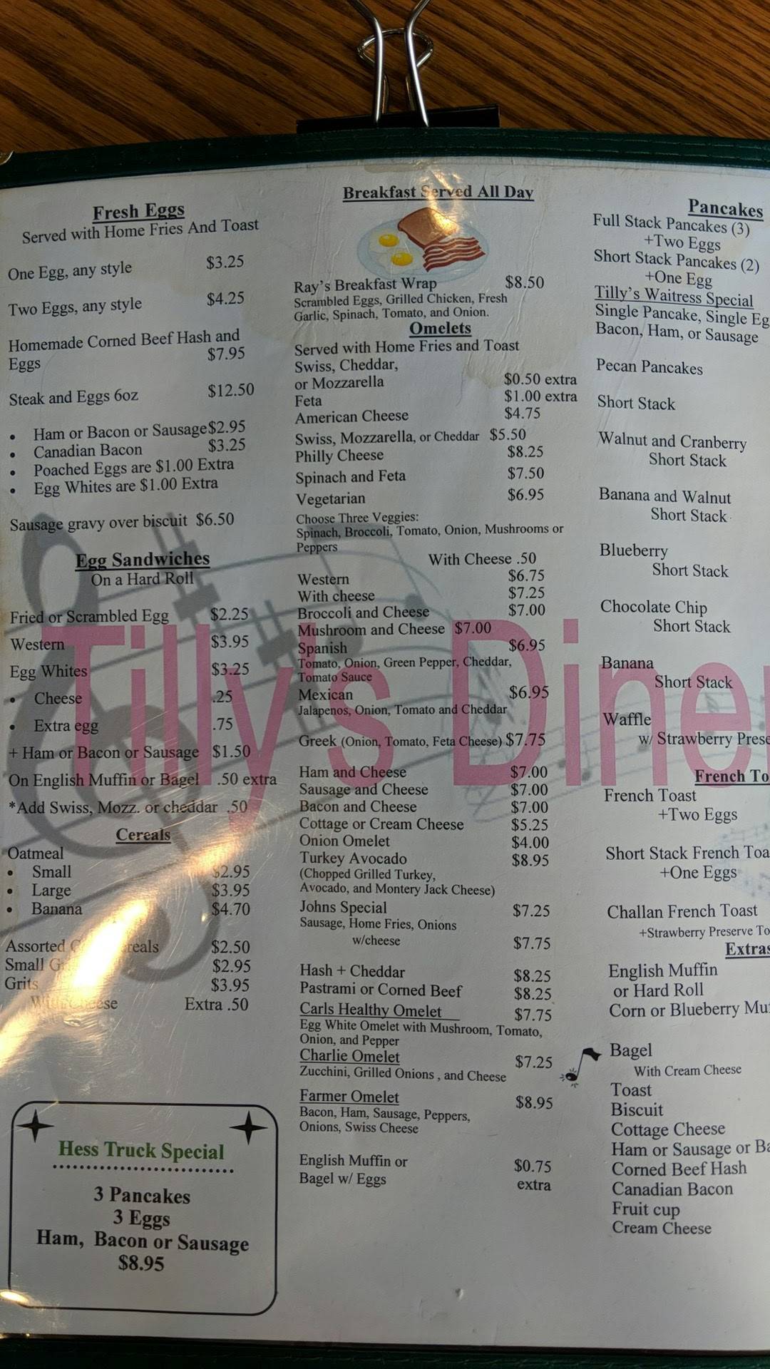 Menu at Tilly's Diner restaurant, Monticello