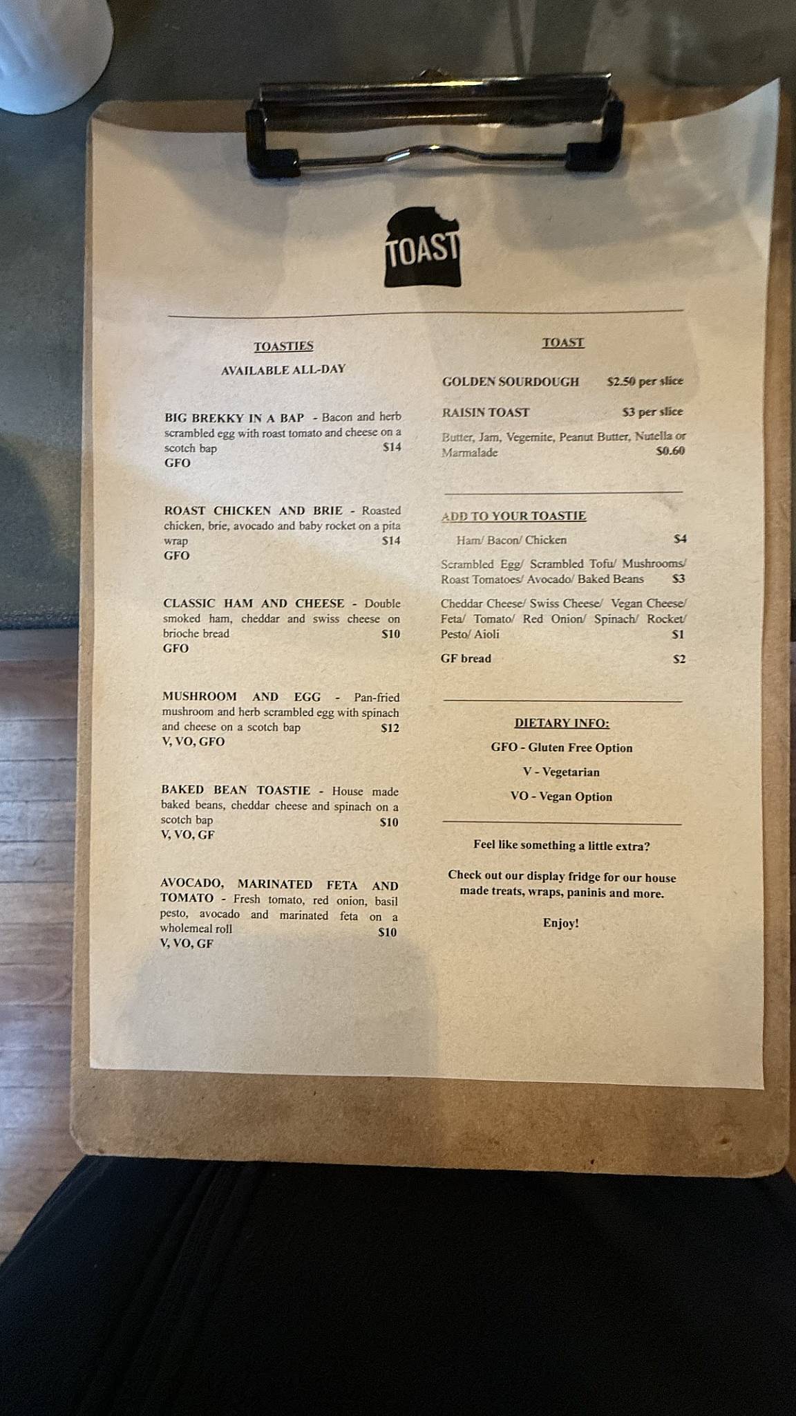 Menu at Toast cafe, Adelaide