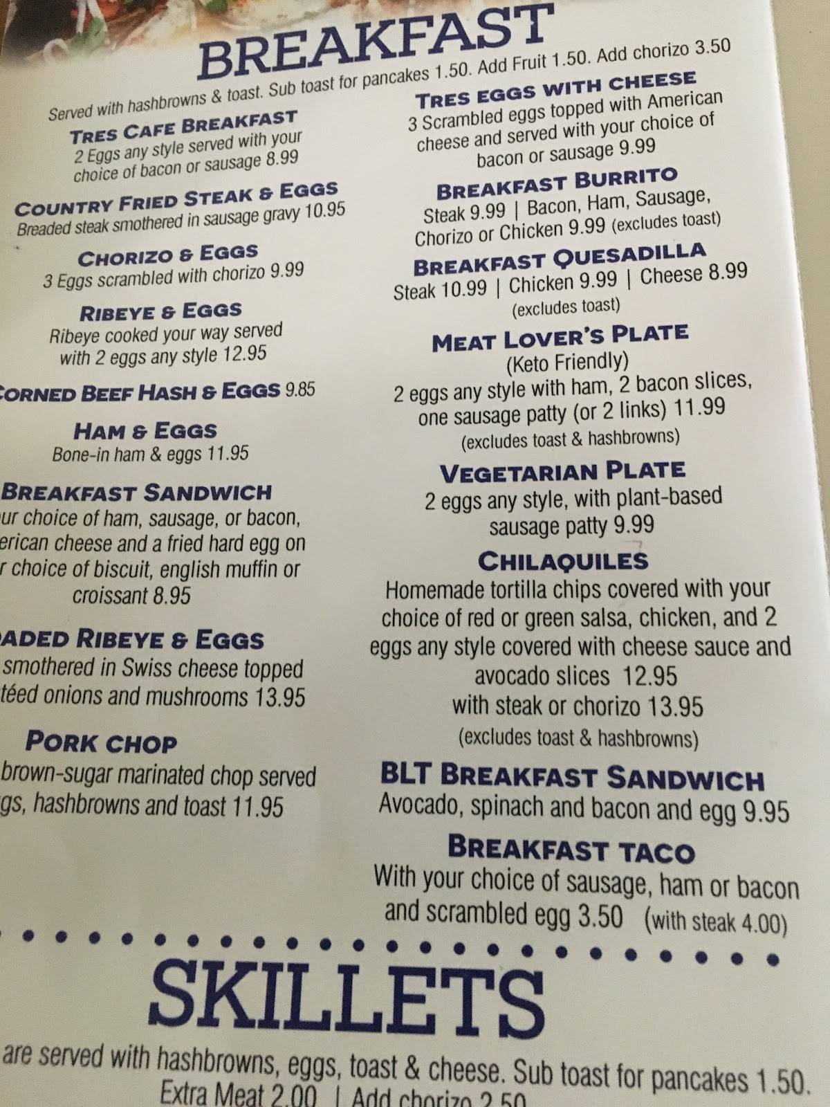 Menu at Tres Cafe, Galesburg