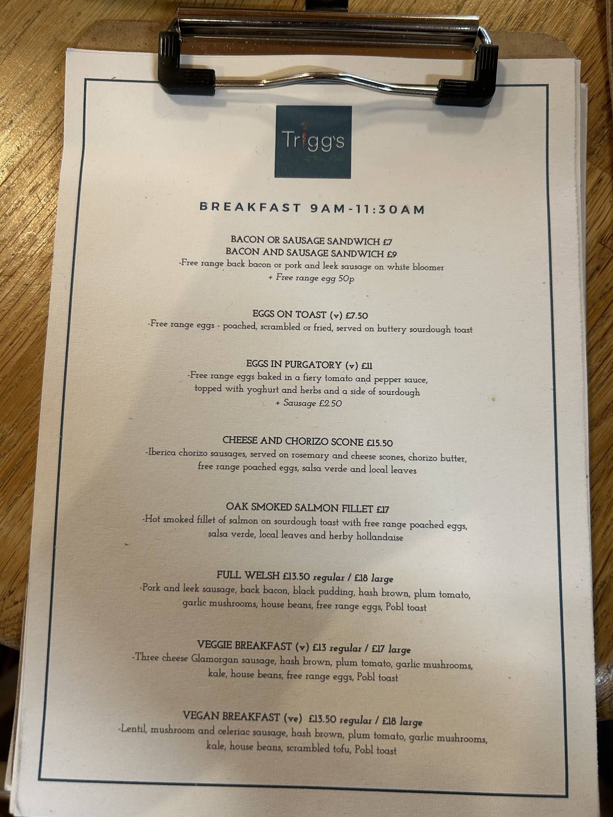 Menu at Trigg's at The Mill cafe, Talgarth