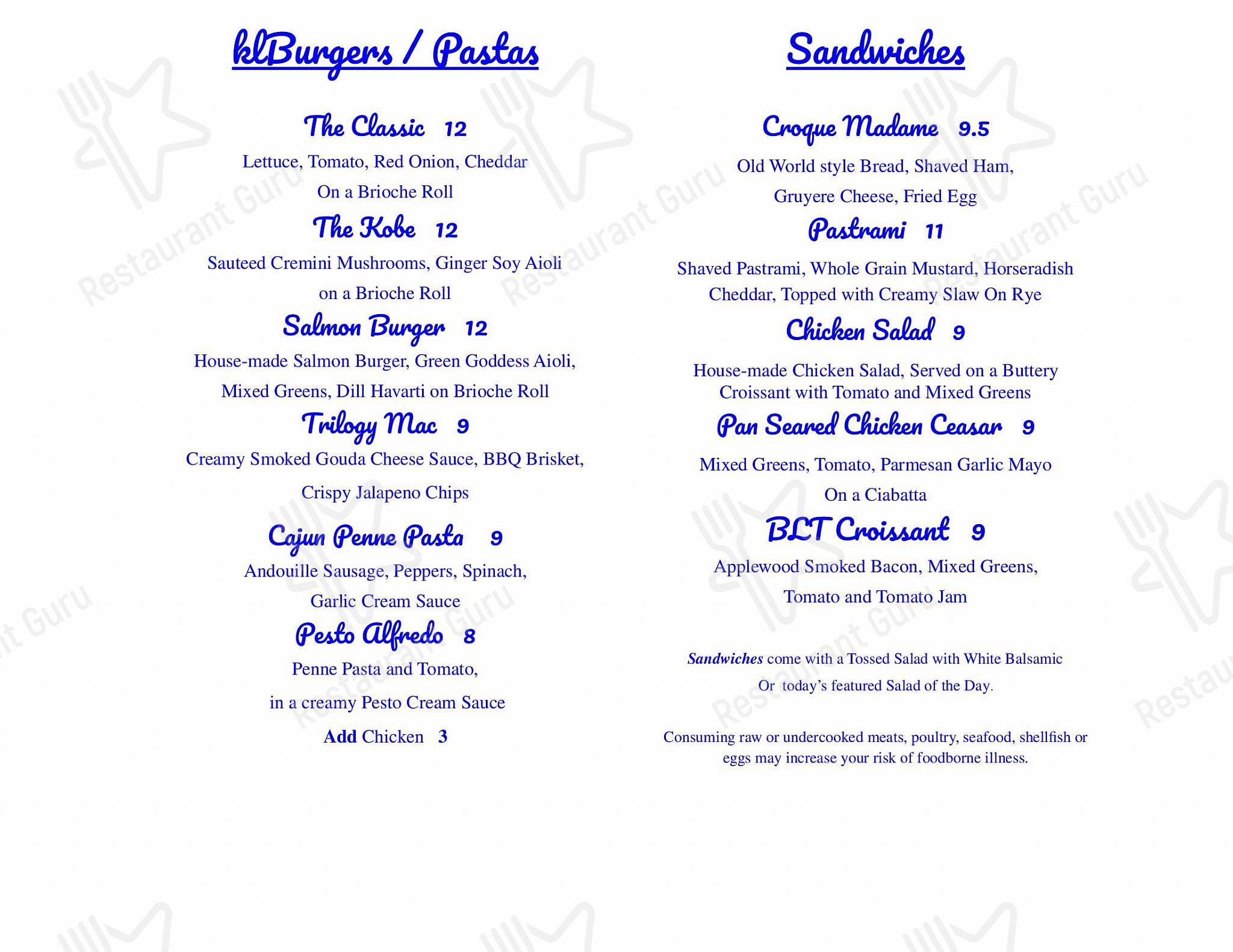 Menu at Cafe Trilogy, La Porte