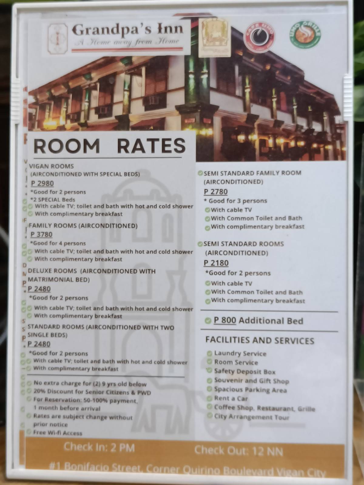 Menu at Cafe Uno Vigan, Vigan City, Grandpa's Inn
