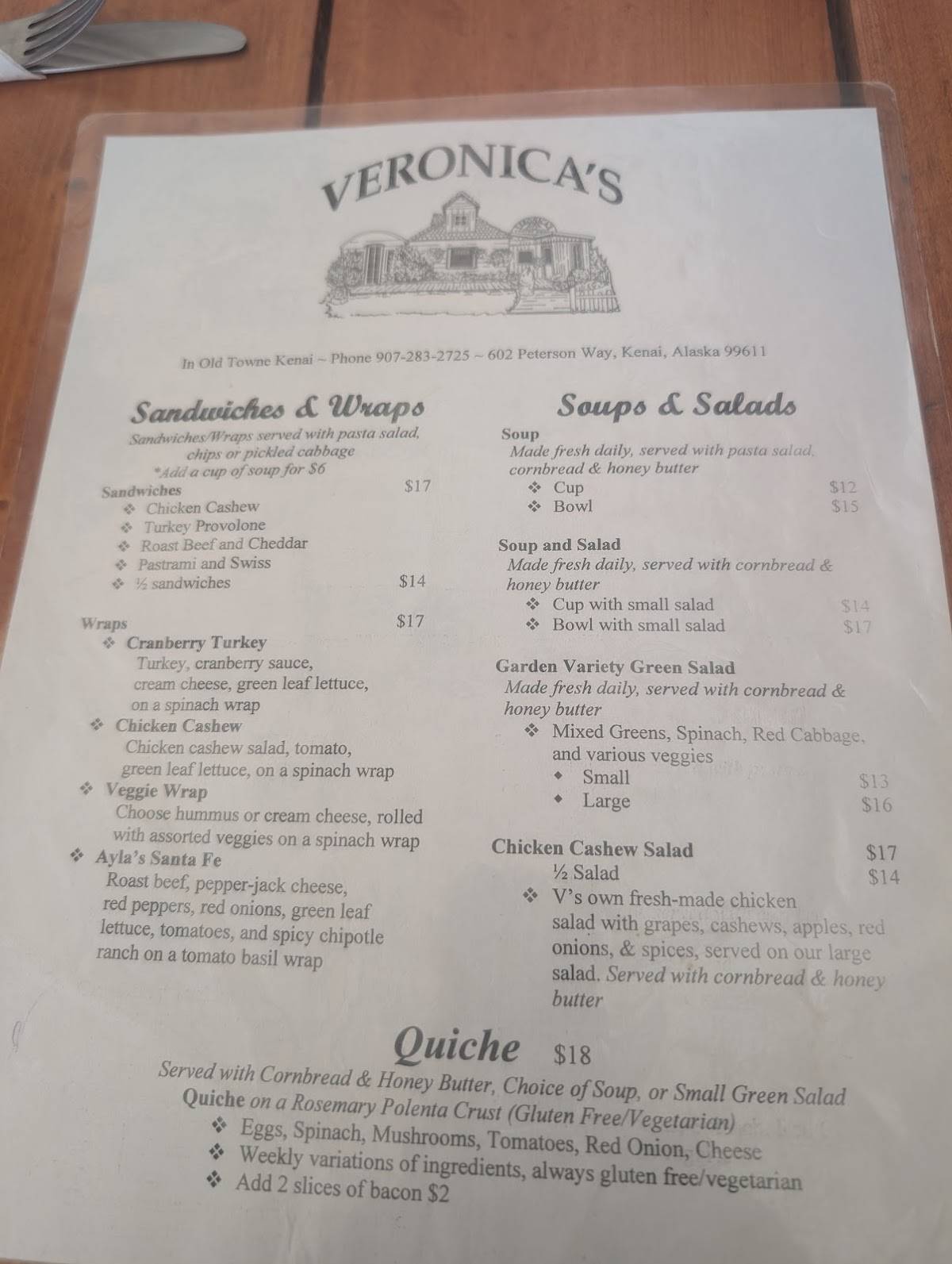 Menu at Veronica's Old Town Cafe, Kenai
