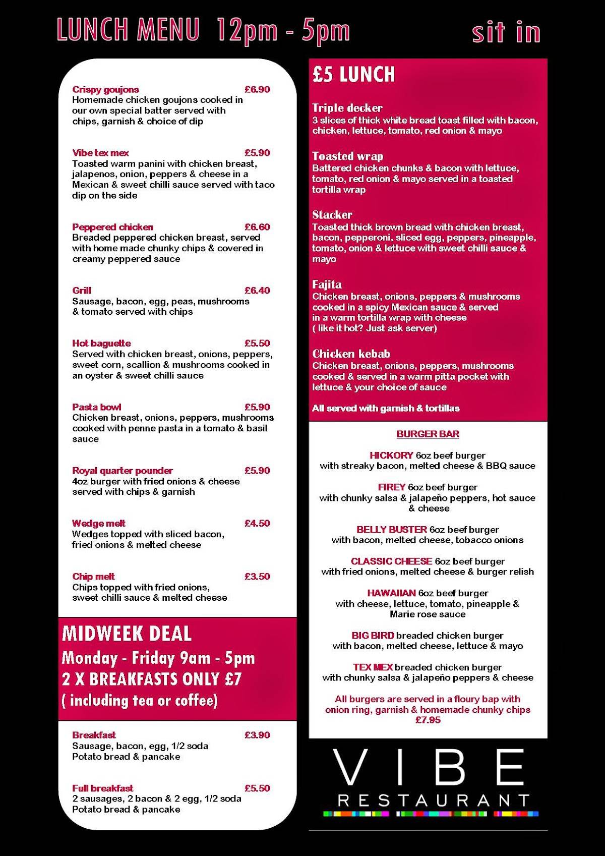 Menu at Vibe restaurant, Lurgan, 65B William St