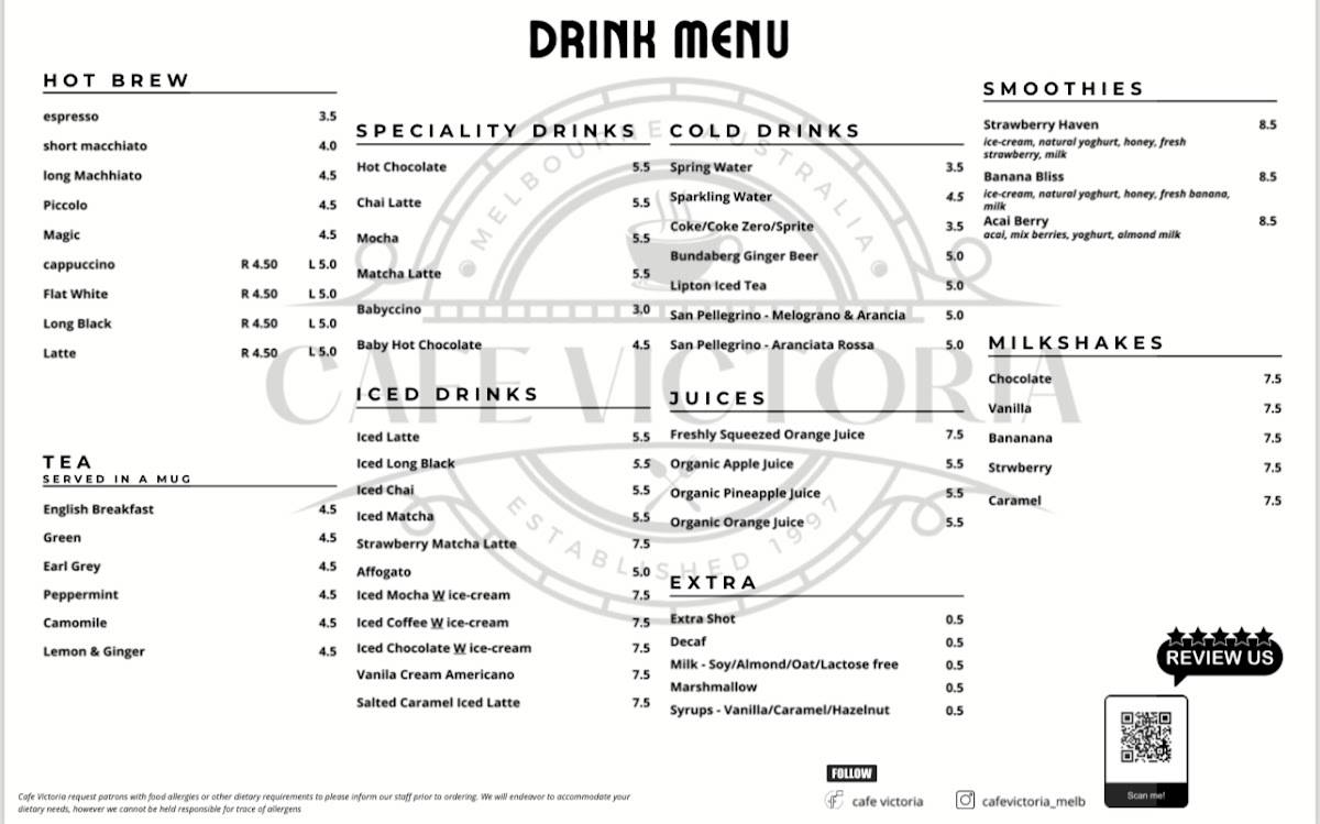 Menu at Cafe Victoria, Melbourne, 517 Elizabeth St