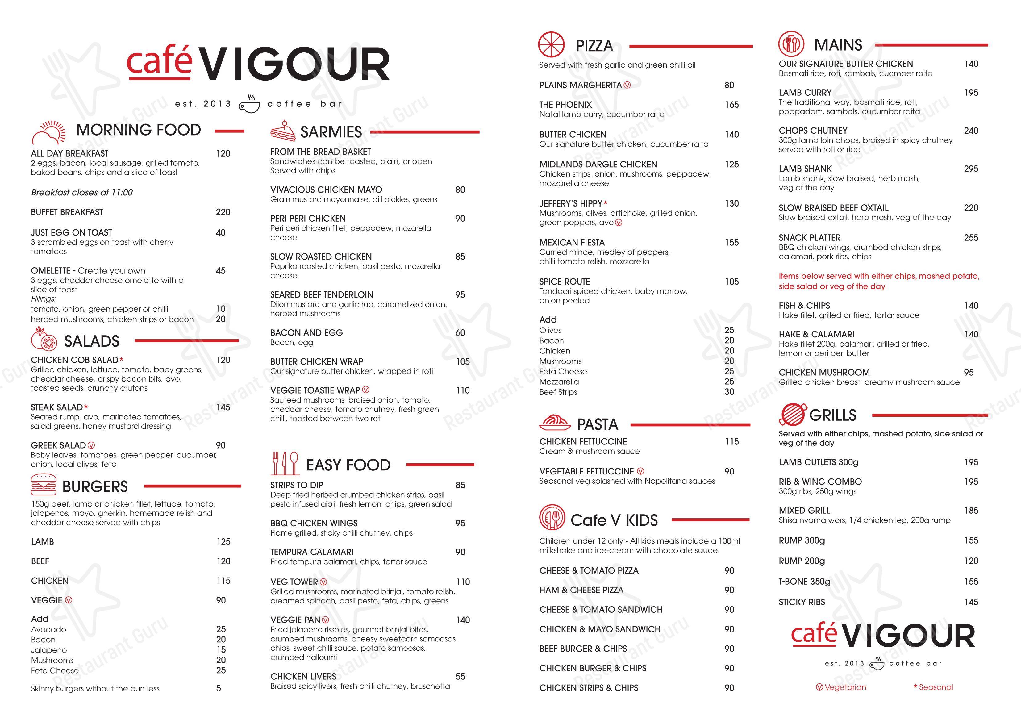 Menu at Café Vigour restaurant, Pietermaritzburg