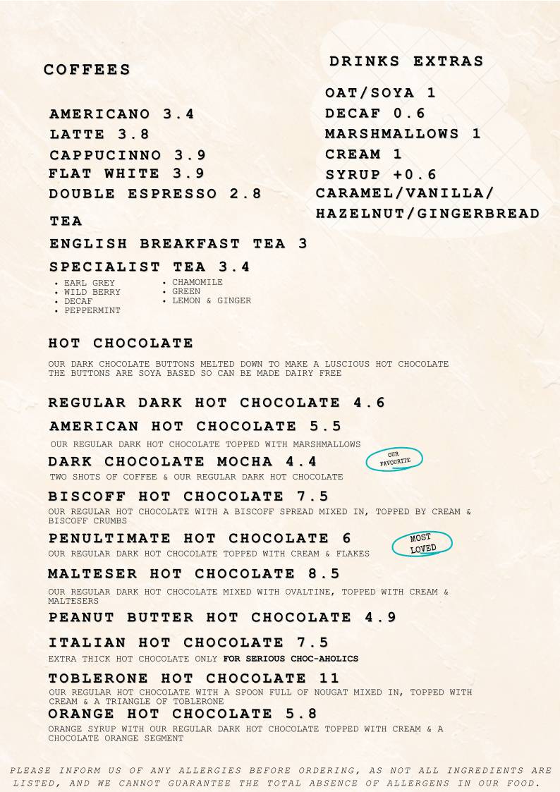 Menu at Viv's in Goring cafe, Goring