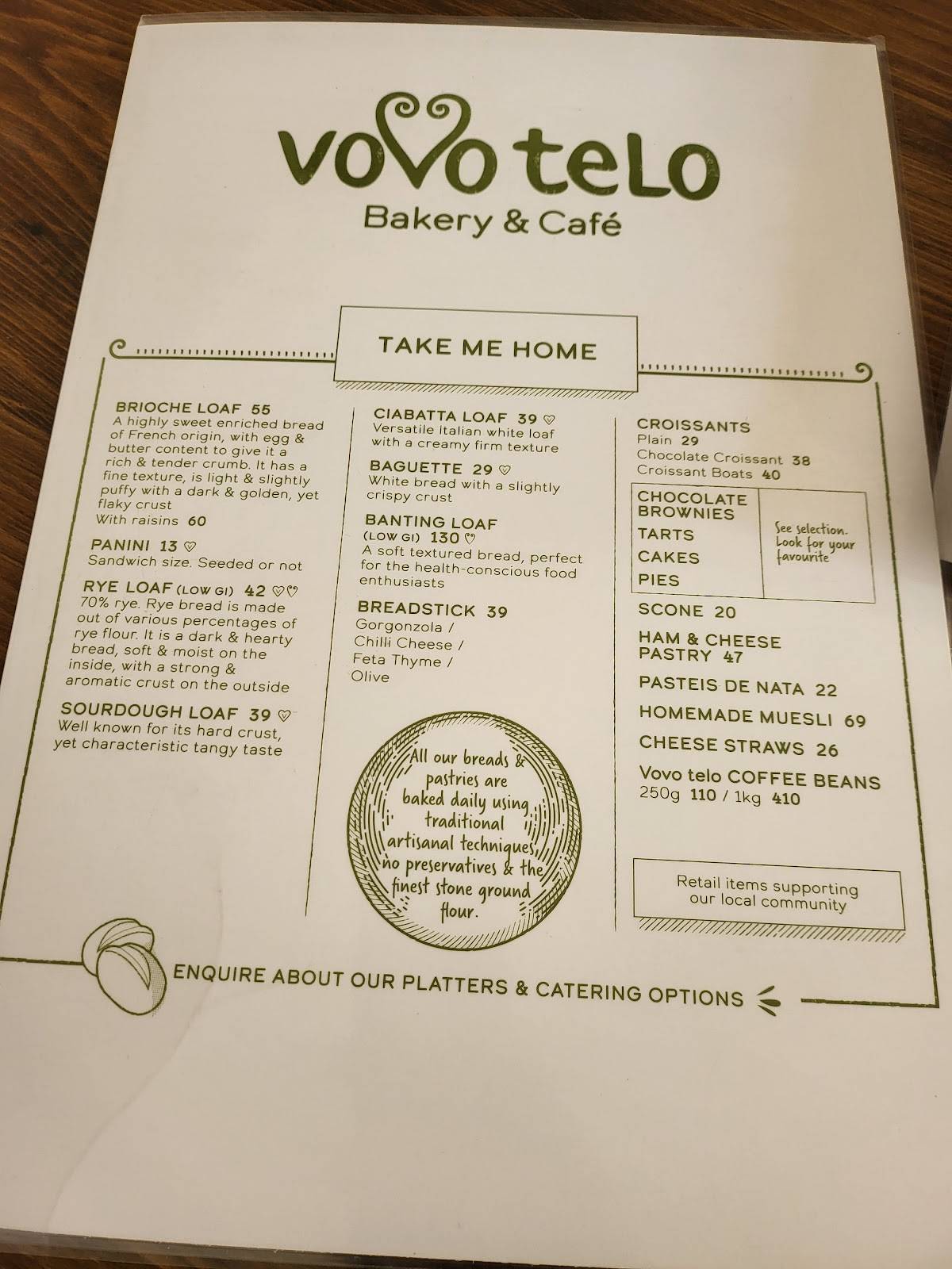 Menu at Vovo Telo Bakery & Café Walmer, South Africa