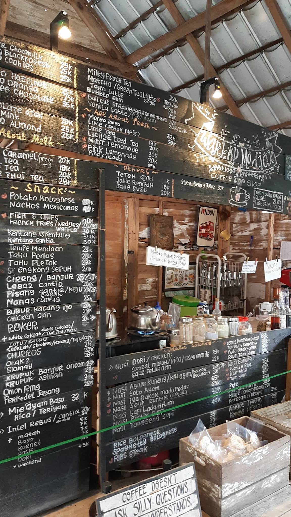 Menu at Warkop Modjok restaurant, Lembang, Sersan Bajuri