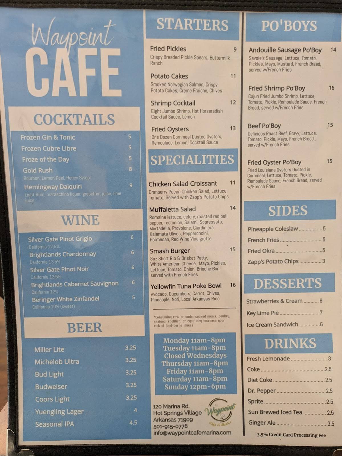 Menu at Waypoint Cafe & Marina, Hot Springs Village