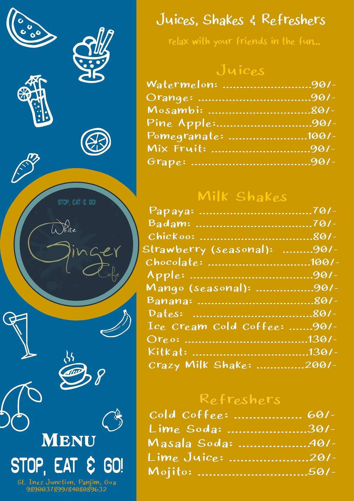 Menu at White Ginger Cafe, Panaji
