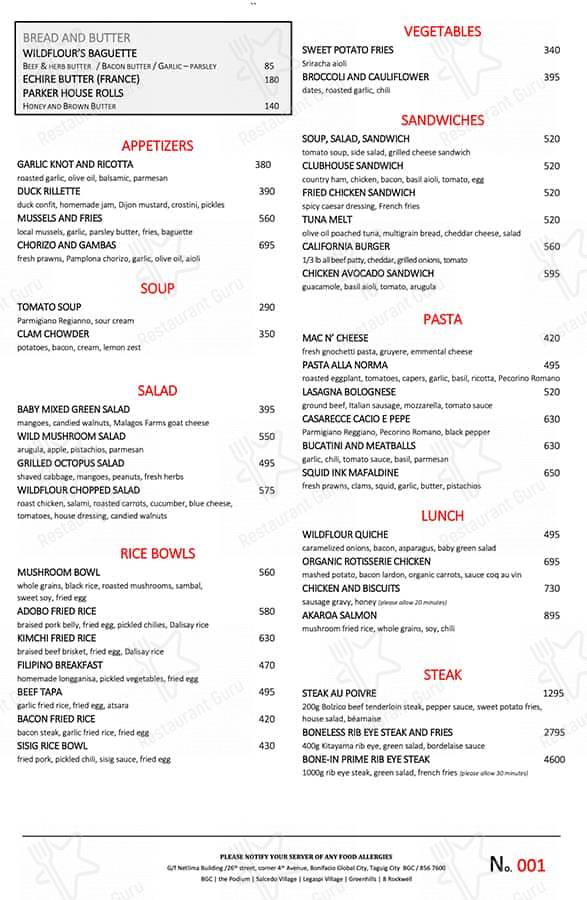 Menu at Wildflour Restaurant - BGC, Taguig, Ground Floor Six/NEO 4th Avenue