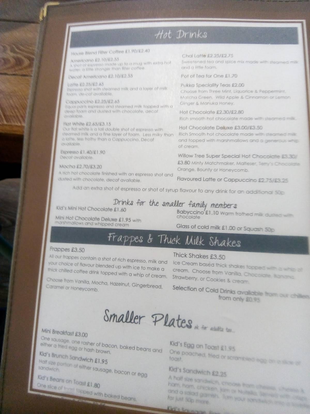 Menu at Willow Tree Tea Room cafe, Derby