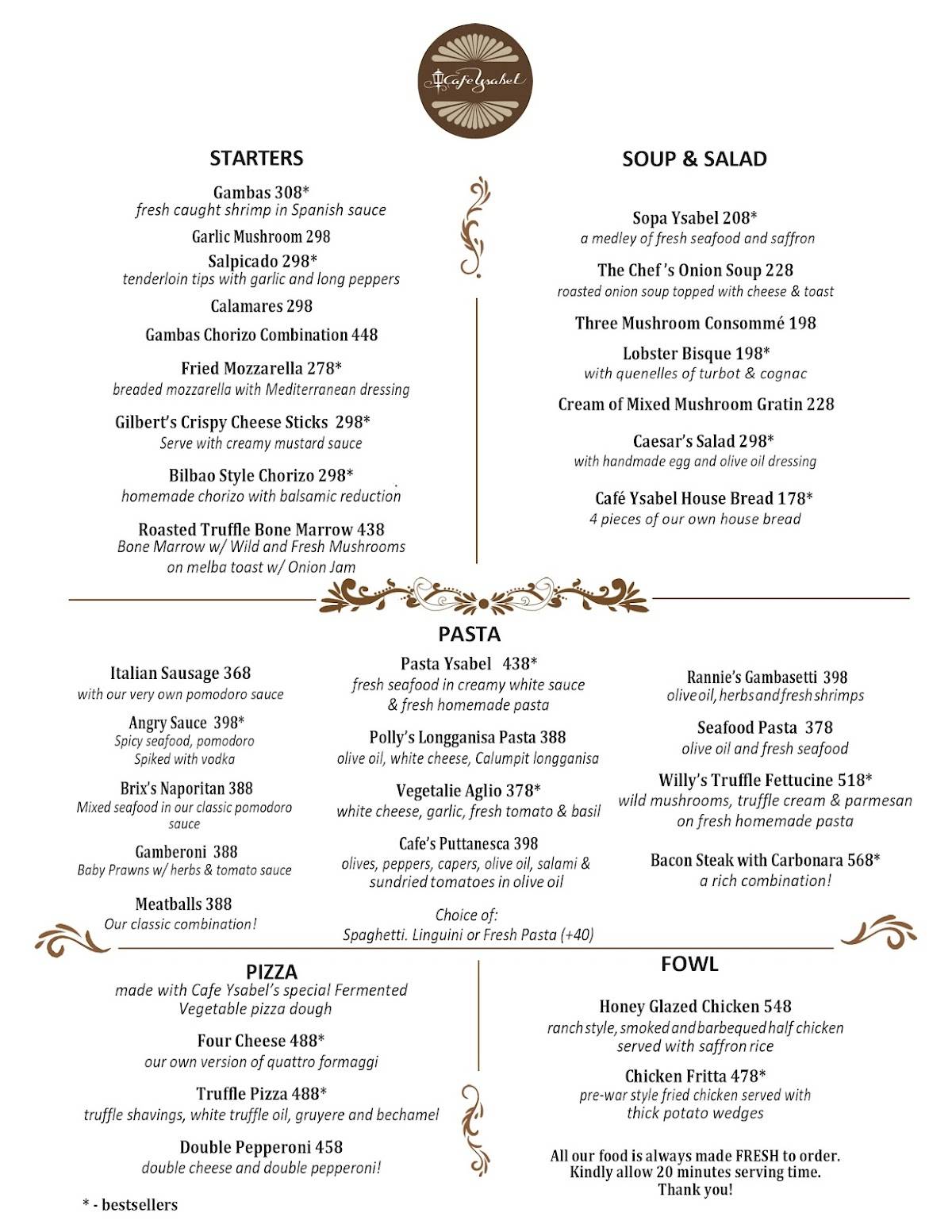 Menu at Café Ysabel cafe, San Juan, 175 M. Paterno